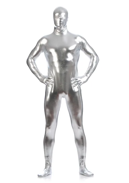 Silver Metallic Zentai Bodysuit Second Skin Tight Suit Full Body Shiny