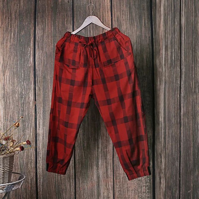 Origoods Black Red Plaid Summer Harem Pants Women Elastic Waist
