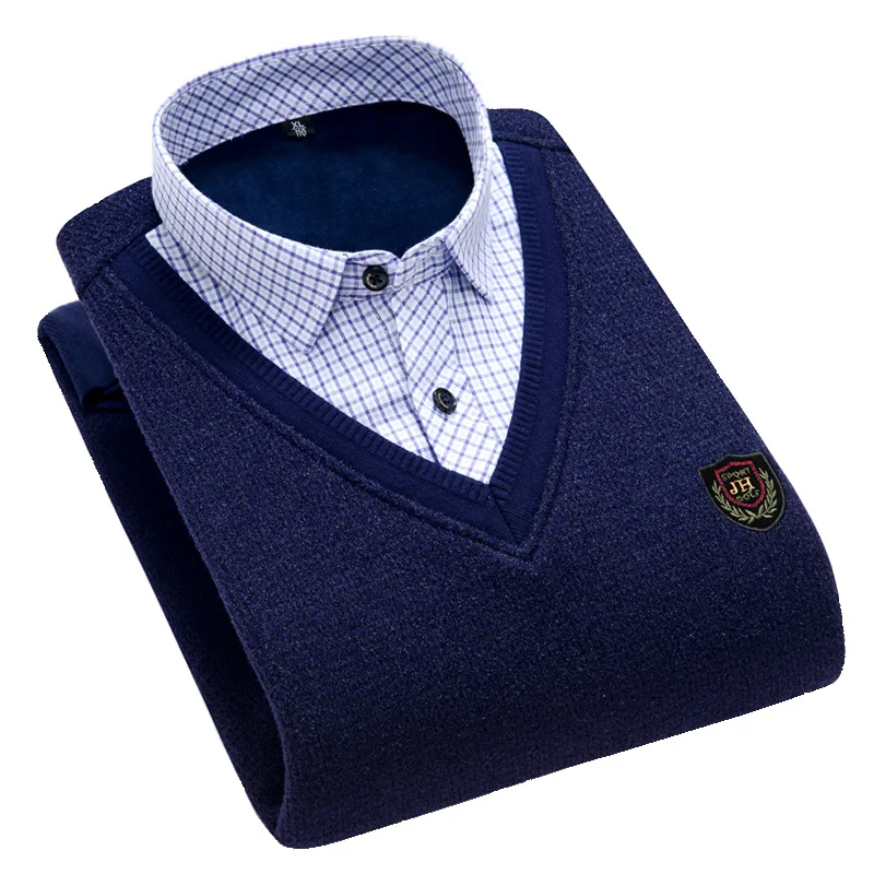 Men's Shirt Warm Fake Two Pieces Mens Shirts Casual Slim Fit Men Dress ...