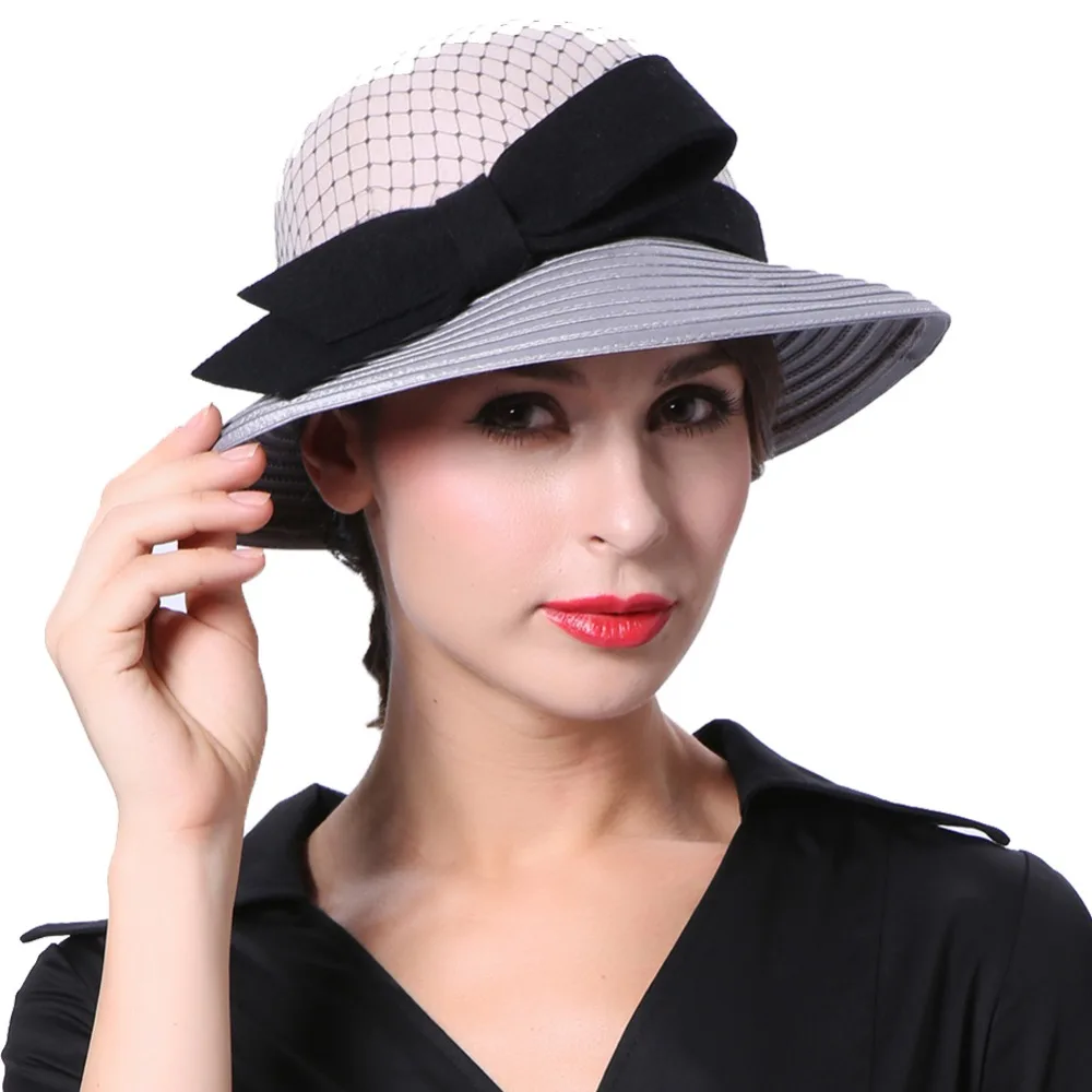 June's Young Women Hats Wide Brim Silver Color Black Bowknot Cute Lady ...