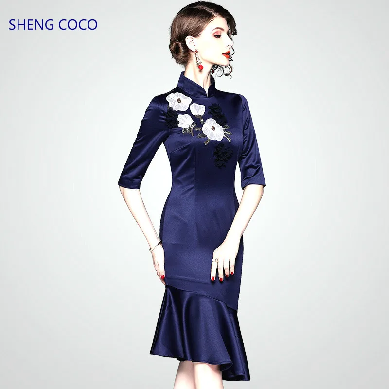 Sheng Coco Chinese Cheongsam Qipao Dresses Autumn Clothing Silk Satin