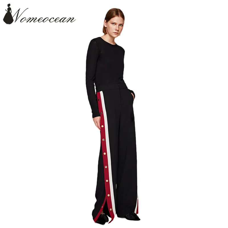 Stripe Patchowrk Side Button up Women Pants Hollow Out Slit Wide Leg ...