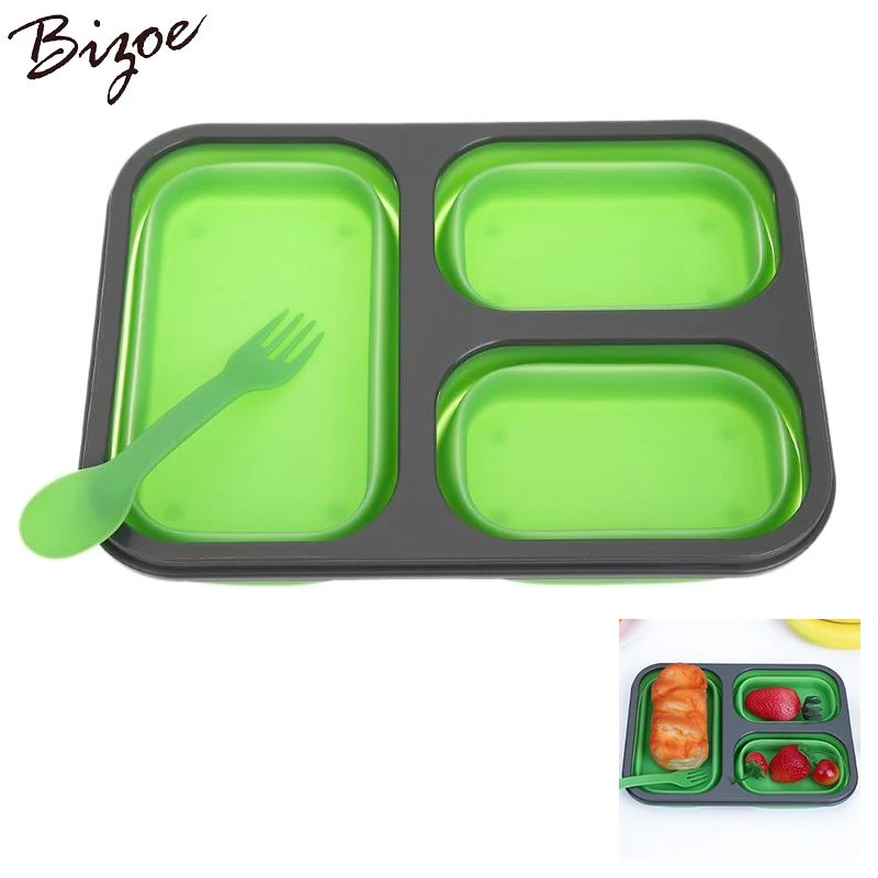 1300ml Portable 3 Grids Folding Silicone Lunch Box Bento Bowl Food ...