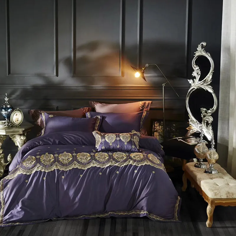 Egypt Cotton Lace Edge Embroidery Wedding Bed Set Luxury Royal Bedding