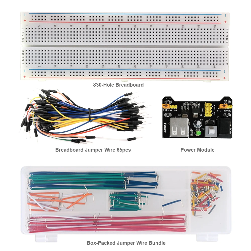 MB102 830 Holes Breadboard +65 Jumper Wires+ Power Supply Module ...