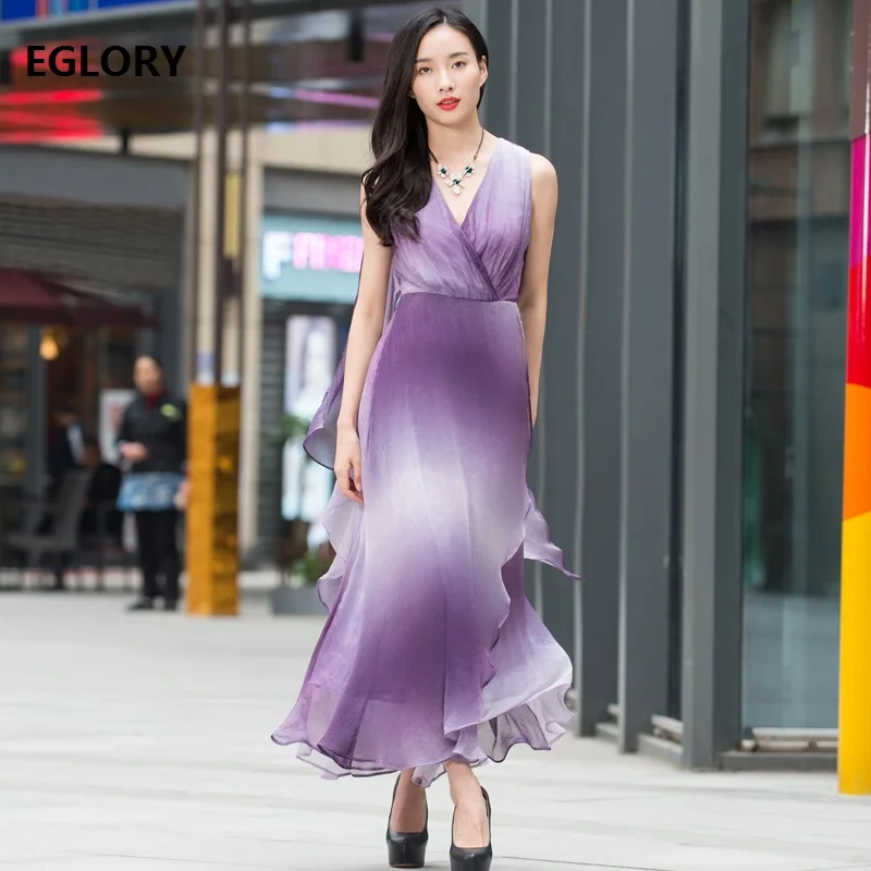 Purple Long Dress Summer 2018 High Quality Women V Neck Gradient Color