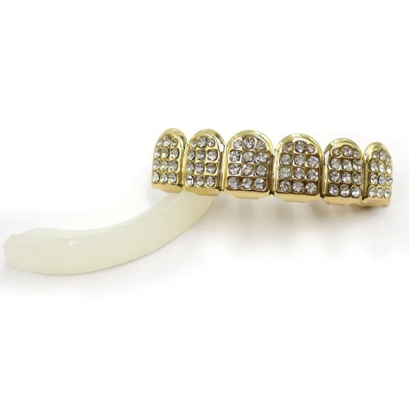 14K Gold Teeth Silver Plated With Diamond Bottom Iced Teeth Grillz Top ...