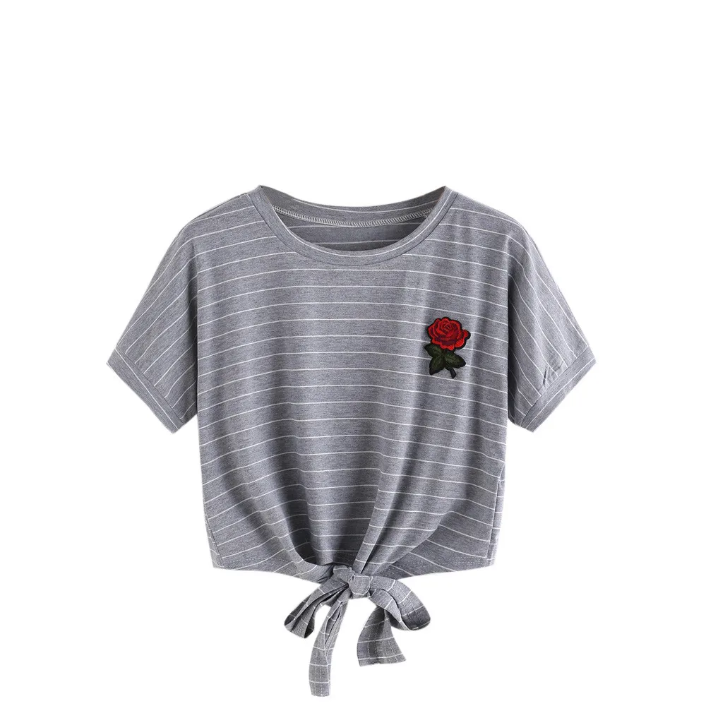 New Trendy T Shirt Women Sexy Crop Tops Unique Appliques Rose Short