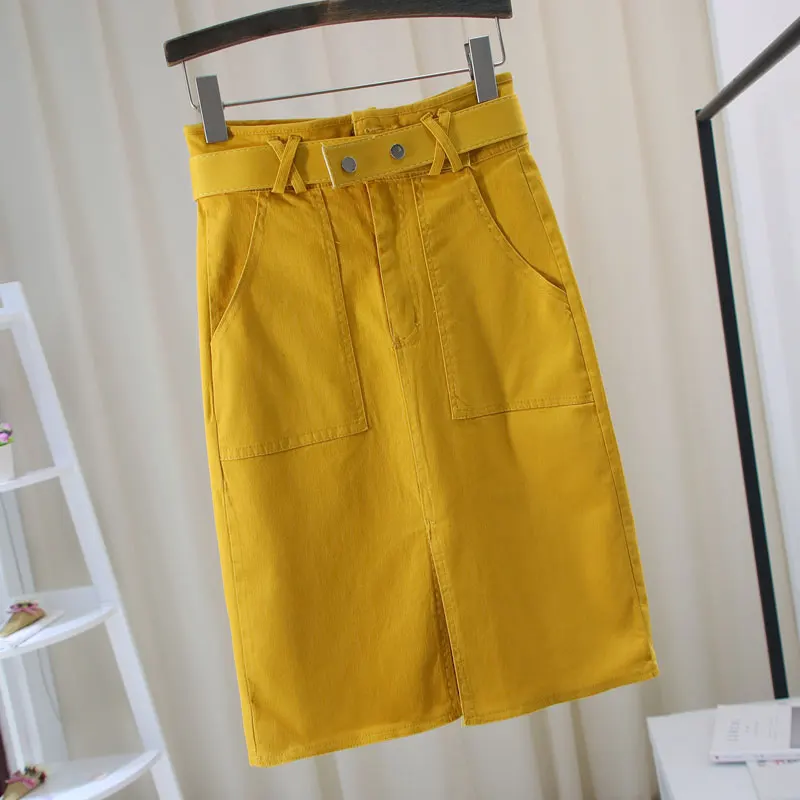Корейская женская желтая черная эластичная джинсовая юбка-карандаш с ...
