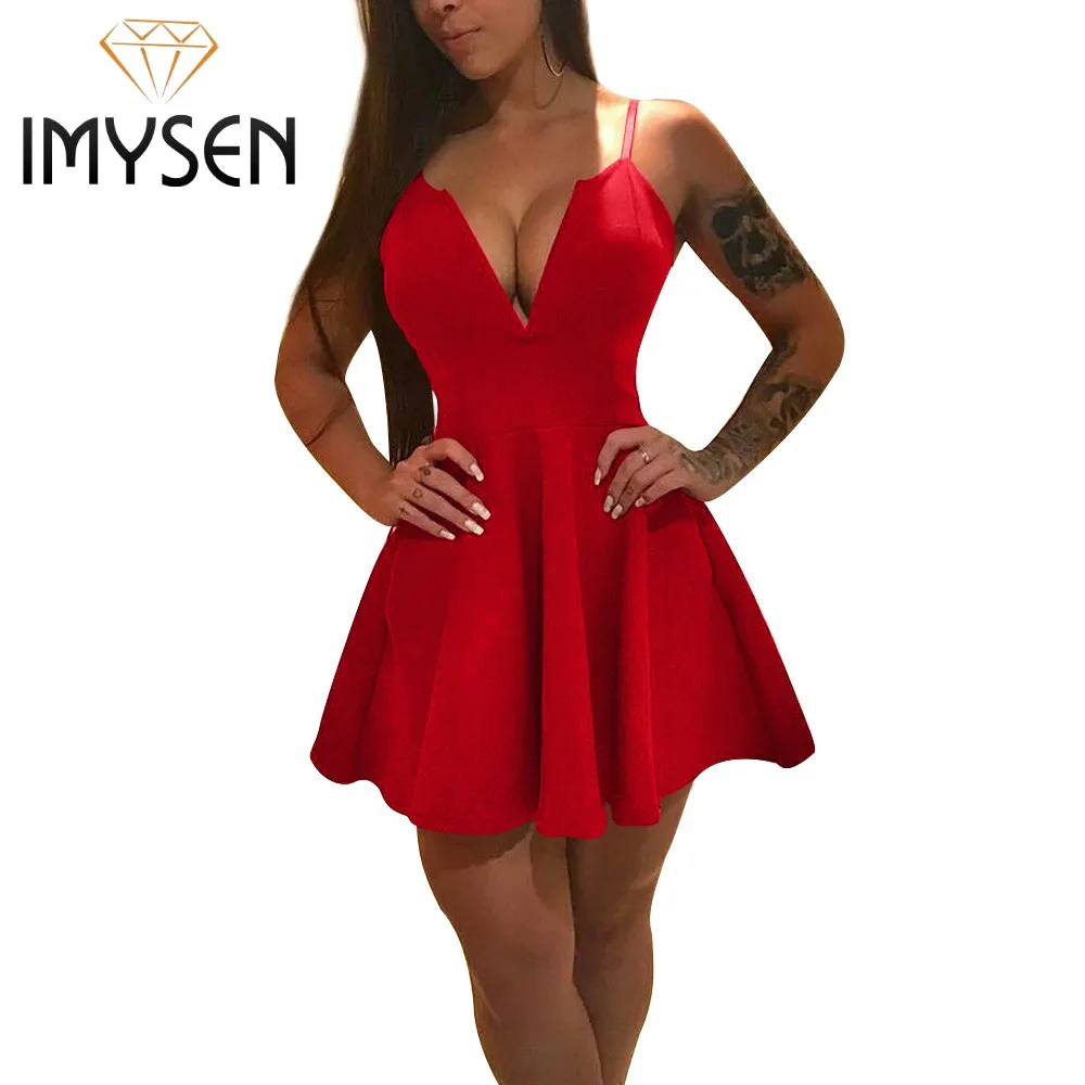 Imysen 2018 Summer Sexy Strapless Dress Women Solid Spaghetti Strap