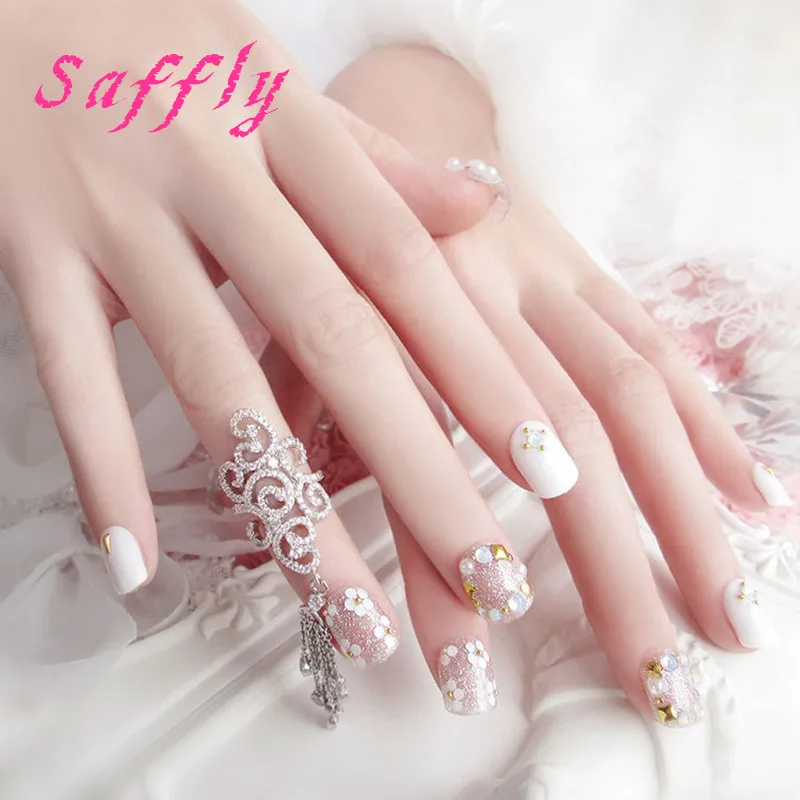 High quality 24pcs printing False nail with Diamonds Beautiful flowers ...