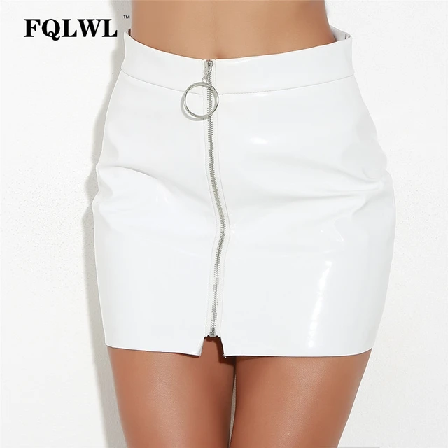 Fqlwl Faux Pvc Pu Leather Sexy Mini Skirt Women Metal Circle Zipper Latex Pencil Skirt Jupe