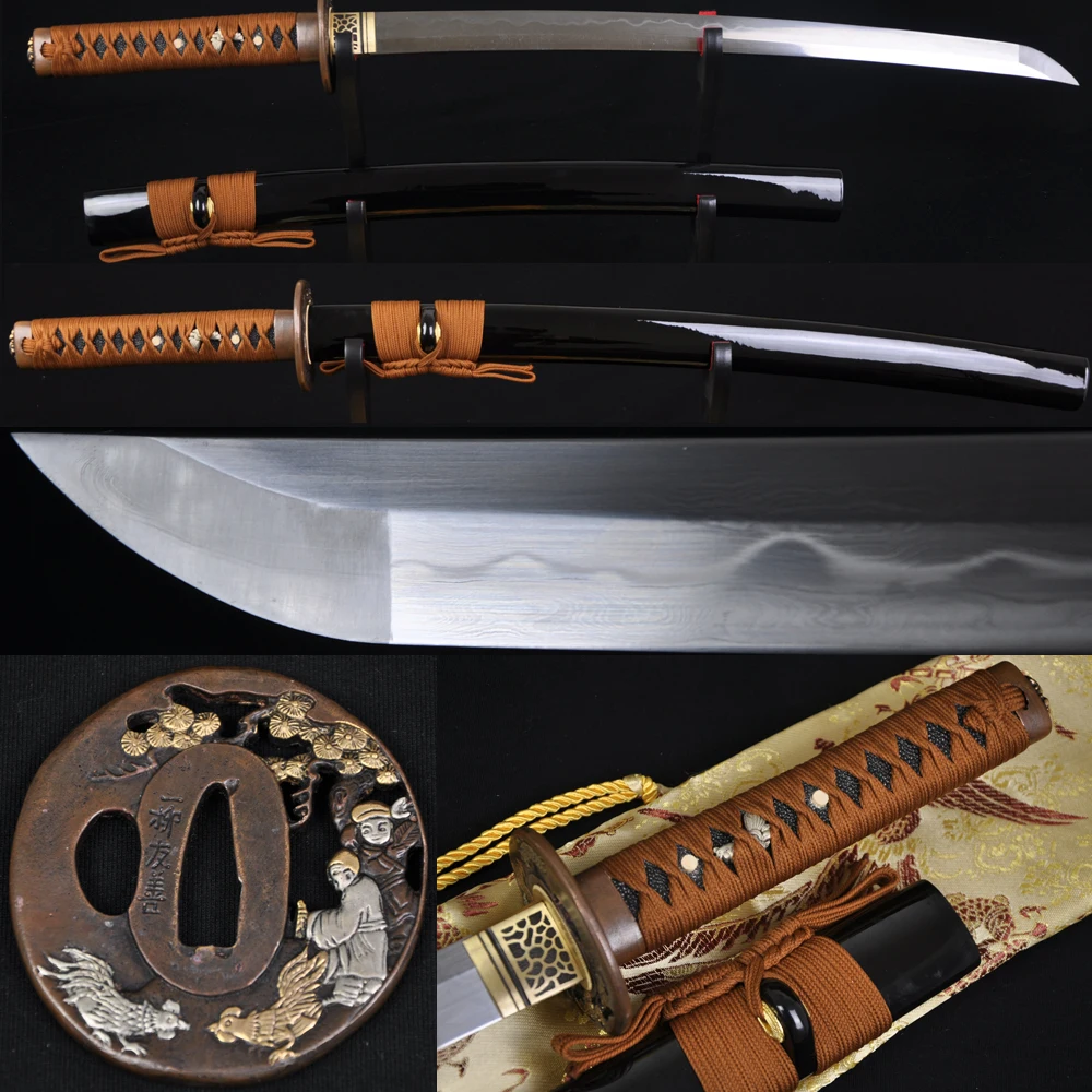 CLAY TEMPERED JAPANESE SAMURAI SWORD WAKIZASHI DAMASCUS FULL TANG VERY ...