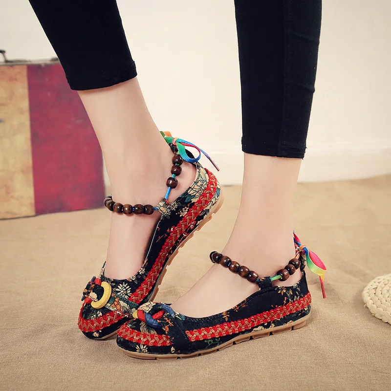 dwayne Retro casual national wind women 's shoes flat lace linen beads ...