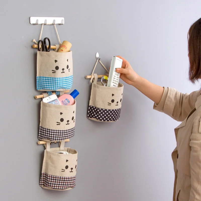 4pcs Cut Fabric cotton hanging bag pockets wall Pouch sundry holder ...