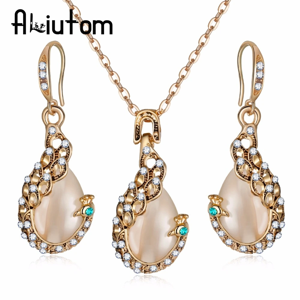 Aliutom Austrian Crystal Circle Opal Peacock Jewelry Sets Peacocks