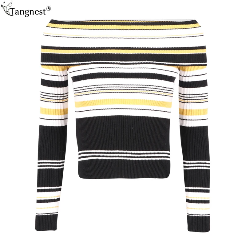 TANGNEST Sexy Barra pescoço Blusas Mulheres Pulôver Listrado 2017 Magro ...