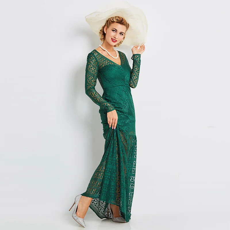 Buy 2018 Women Sexy Lace Dress Floor Length Dark Green Luxury Dress Long Sleeve