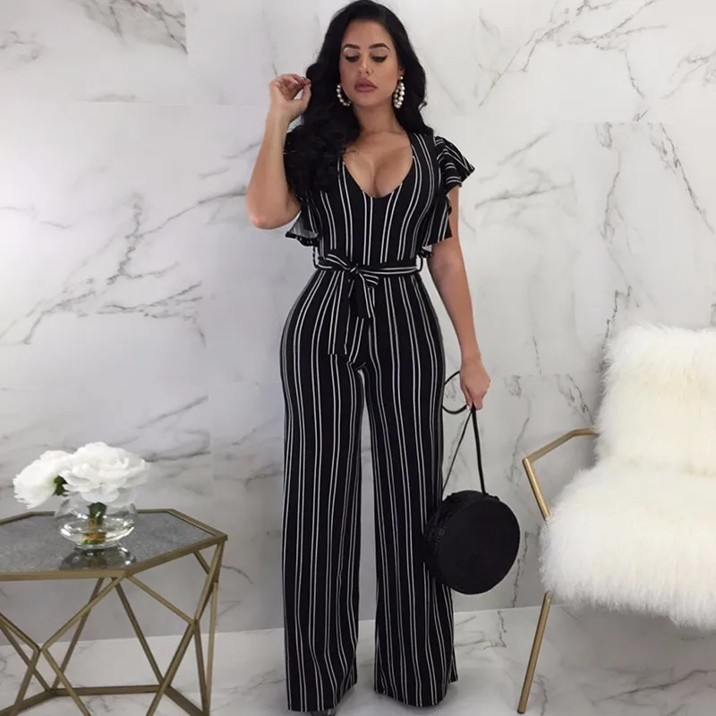2018 Fashion Striped Printed Ruffle Sleeve Jumpsuit Women Overalls ...