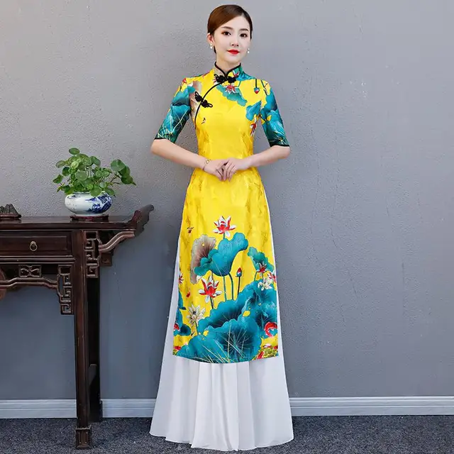 AO Dai Long Cheongsam Traditional China Style Party Qipao Robe Oriental ...