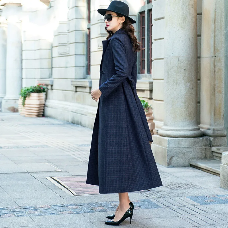 Spring Fashion 2018 High Quality Long Blue Plaid Single breasted Slim ...