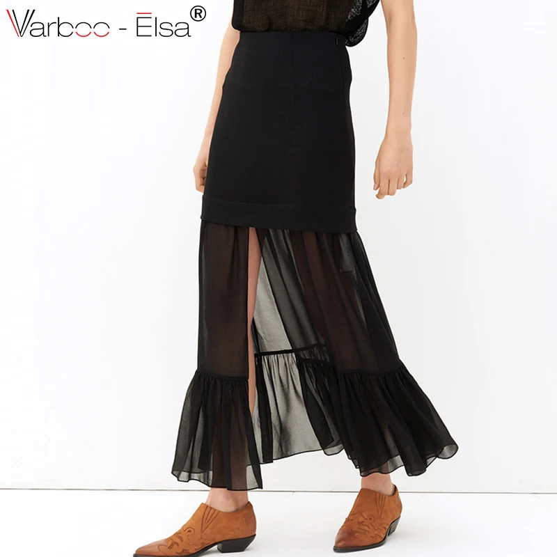 VARBOO_ELSA Women Lace Patchwork Long Skirt Sexy Translucent Split ...