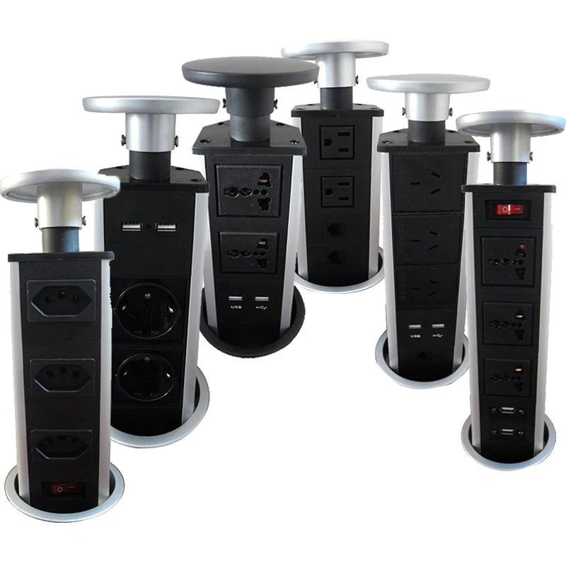 220V 16A PULL POP UP Electrical 3 Plug Socket 2 USB Kitchen Table Plug ...