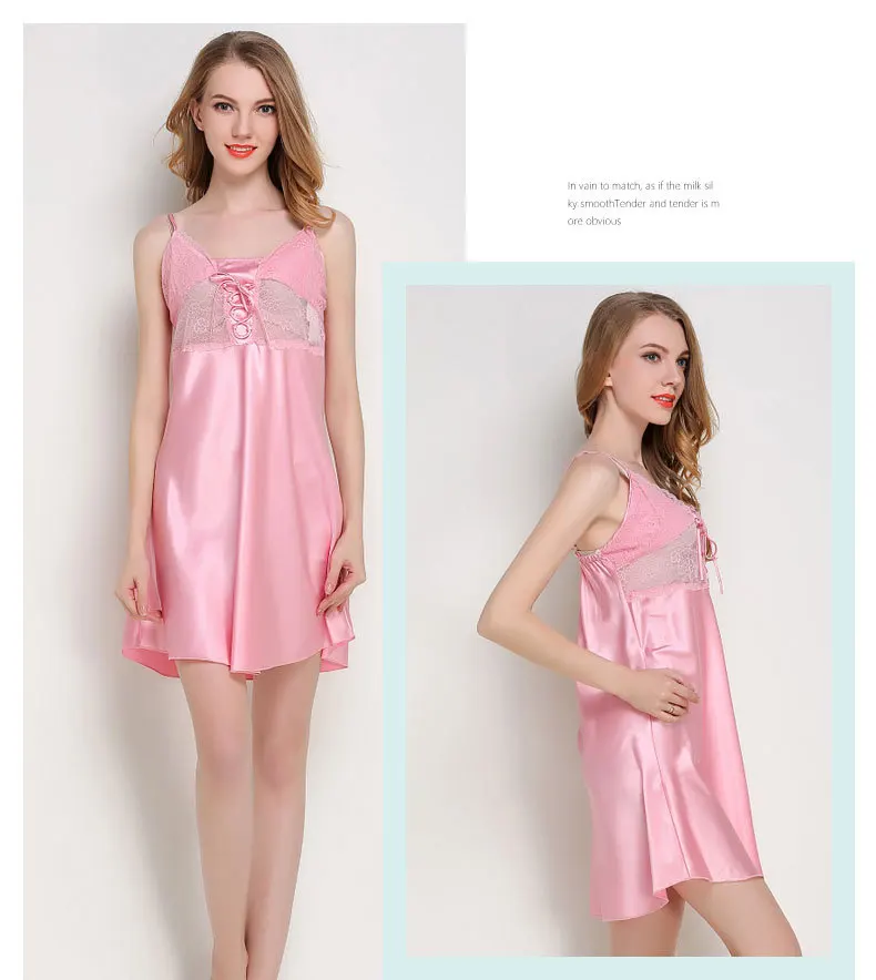 Sexy Silk Night Dress Satin Nightgown Lace Temptation Nightdress Female