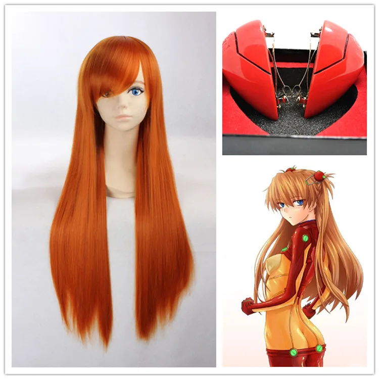 80CM Long Straight Orange Yellow Eva Asuka Langley Soryu Cos Wig Neon ...