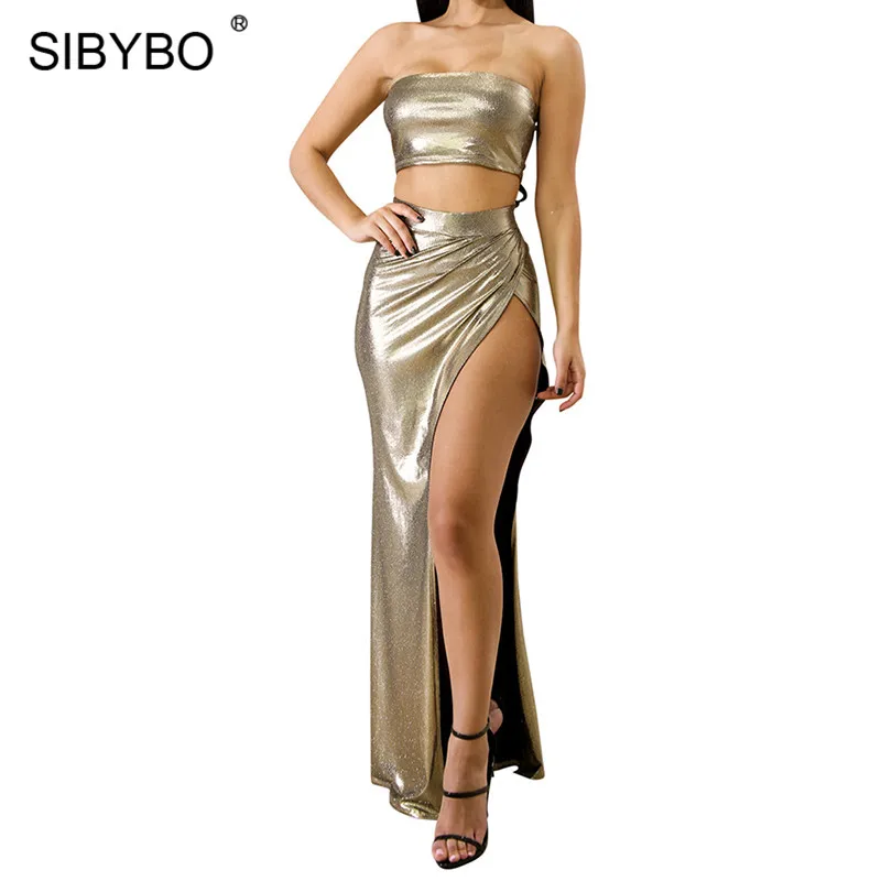 Sibybo Strapless Side Open Slit Sexy Long Dress Women Off Shoulder