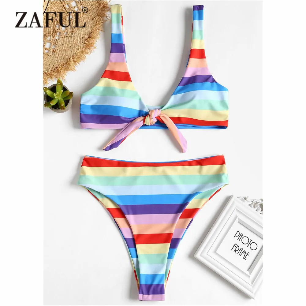 Zaful Rainbow Knot Bikini 2018 Contrast Swimwear Women High Waist