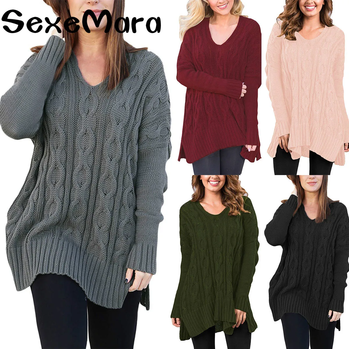 Autumn Women Casual Sexy Ladies V neck Long Sleeve Cocoon Sweaters ...