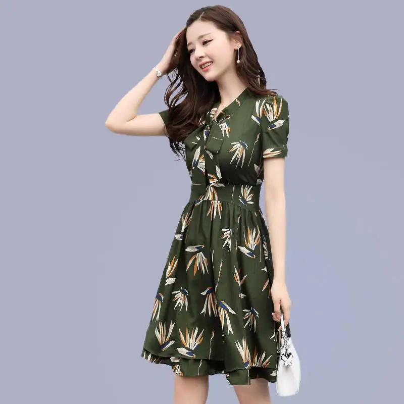 2018 New Womens Summer Korean Printed Floral Chiffon Dress Women