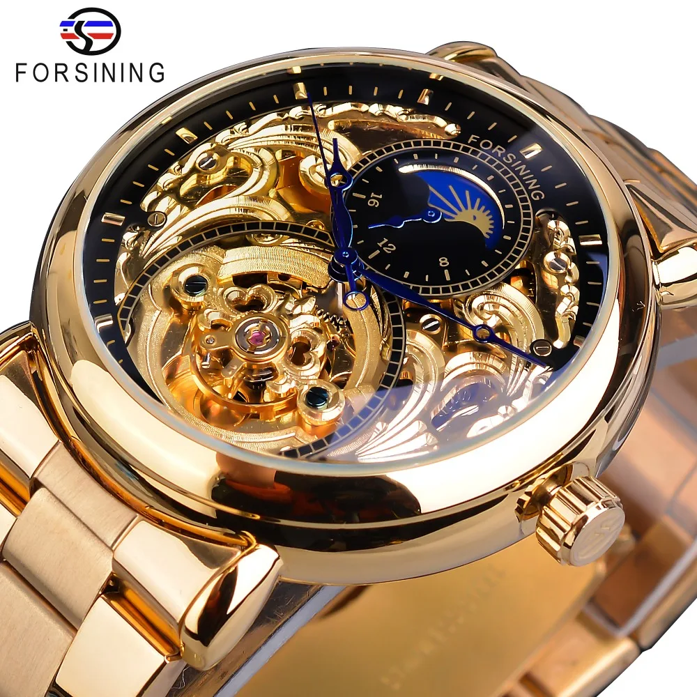 FORSINING Mens Skeleton Automatic Mechanical Watch Golden Vintage Moon ...