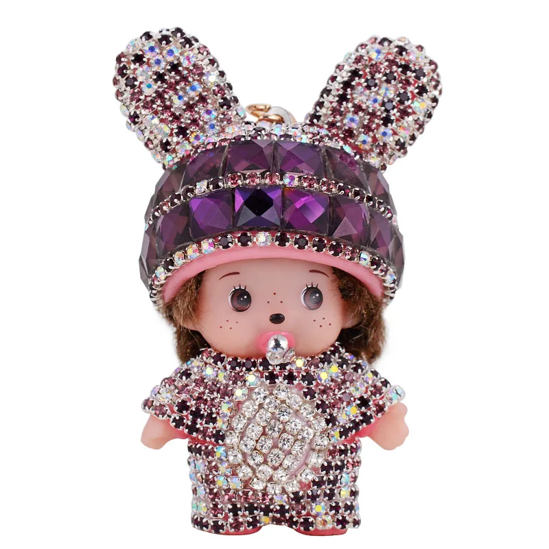 Rhinestone rabbit ear monchichi keychain nipple doll pendant crystal ...