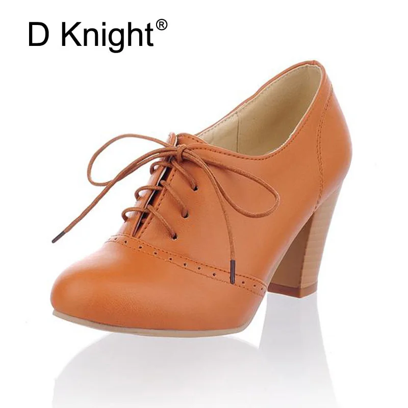 Women High Heels Oxford Shoes Vintage Pu Leather Lace Up Thick Heels ...