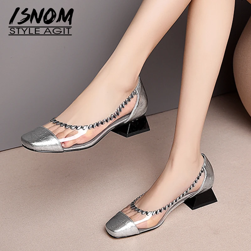 ISNOM Transparent Pvc Pumps Women Square Toe Footwear Thick Low Heels ...
