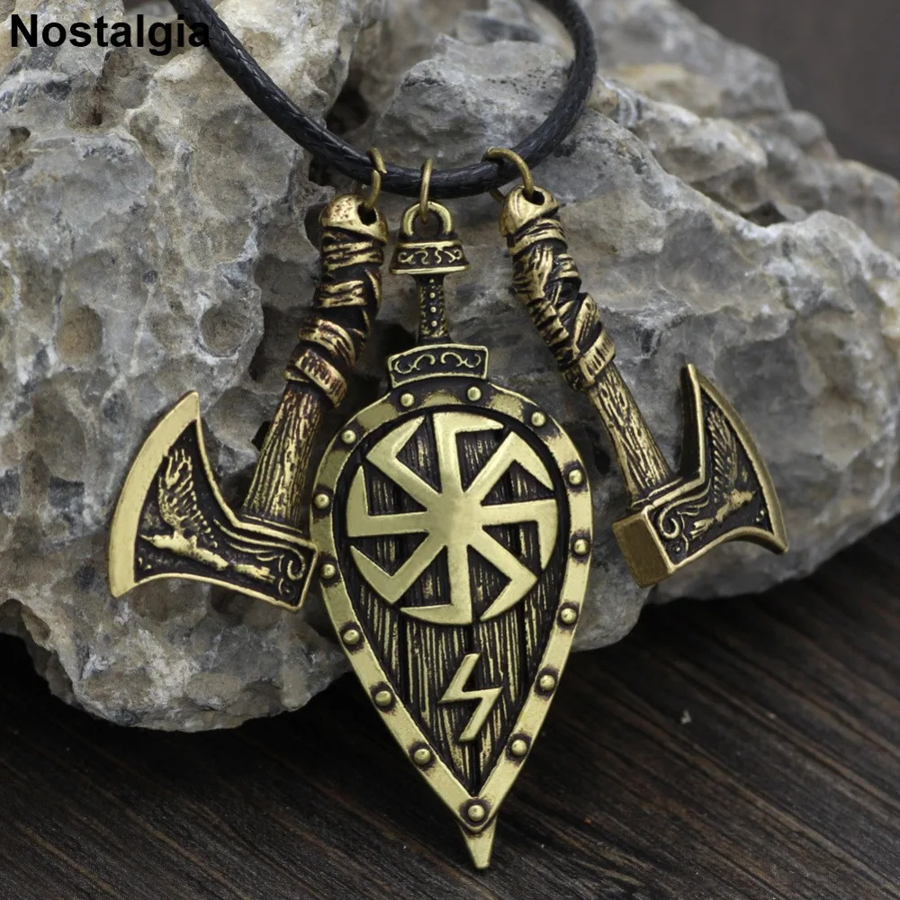 Nostalgia Slavic Kolovrat Shield Sword And Axe Odin Raven Wolf Amulet ...