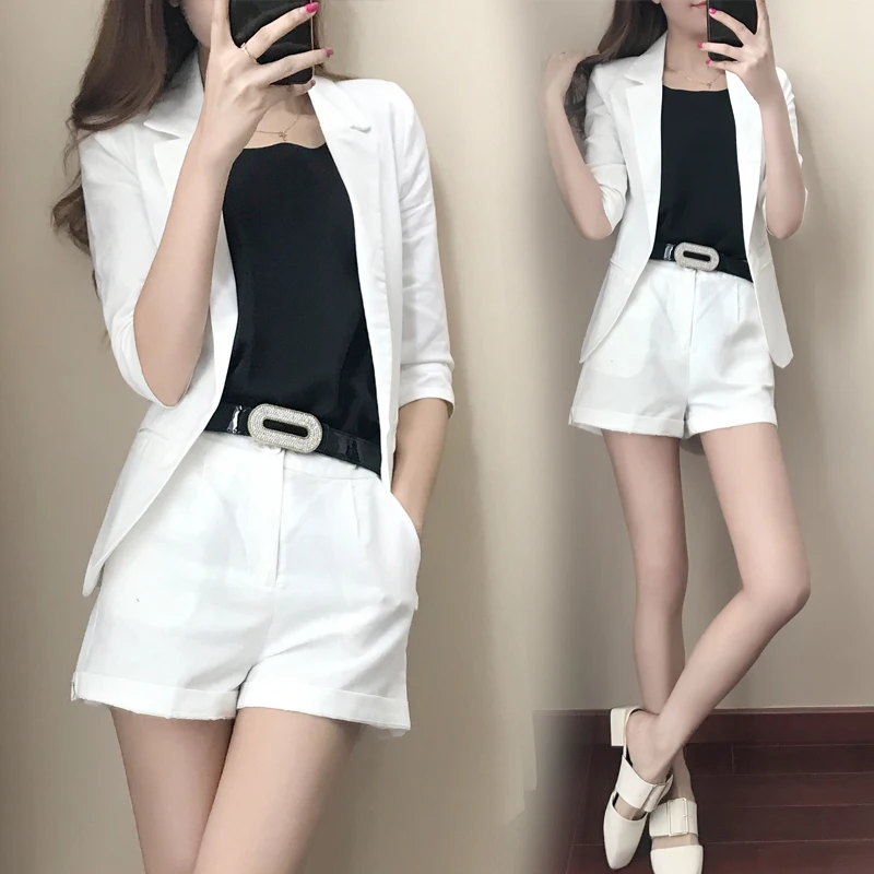 2 Pieces Pant Suits Women Casual Suit Set Cotton Elegant Short Pants