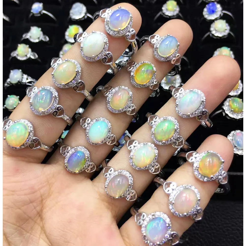 100% Real Natural Opal Ring with Multicolor Opal Oval 6x8mm 100% 925 ...