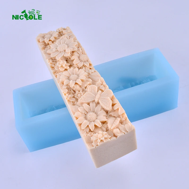 Rectangular Silicone Loaf Soap Mold With Flower Pattern Decoration rectangular-silicone-loaf-soap-mold-with-flower-pattern-decoration