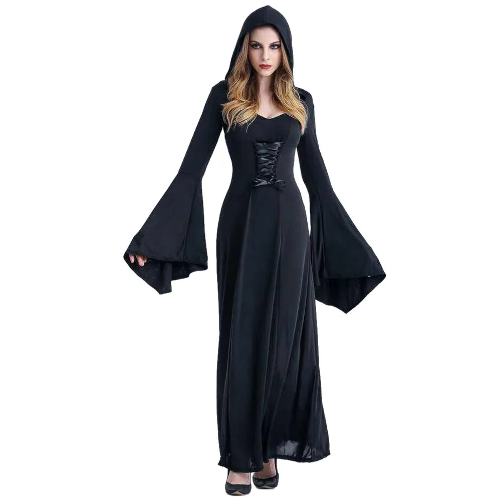 3 Color Medieval Sexy Gothic Witch Hooded Dress Adult Women Halloween