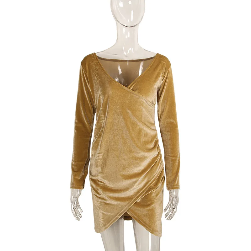 2018 Sexy Velvet Dress Women V Neck Cross Long Sleeve Pencil Bodycon