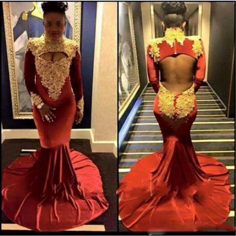 High Neck 2017 Burgundy Prom Dresses Mermaid Long Sleeve Black Girl