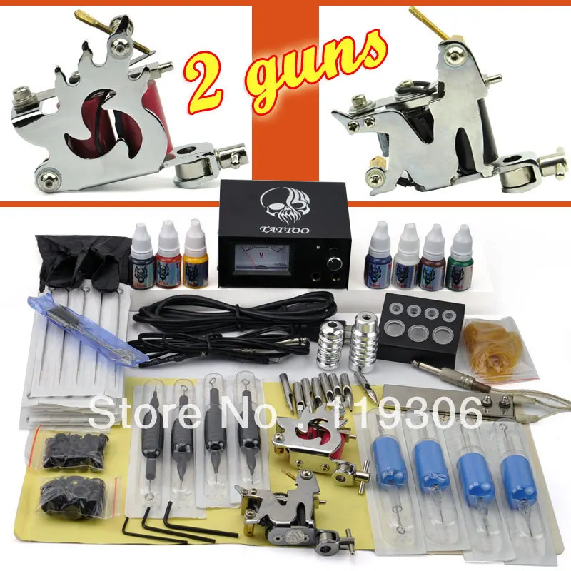 Free DHL shipping COMPLETE TATTOO kit set 2 machine GUN guns machines ...
