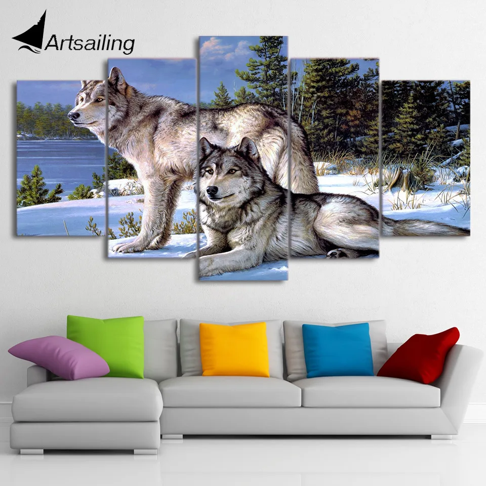 Wolf Canvas 5 Piece Printed Wolves In The Snow Winter Wall Art Print ...