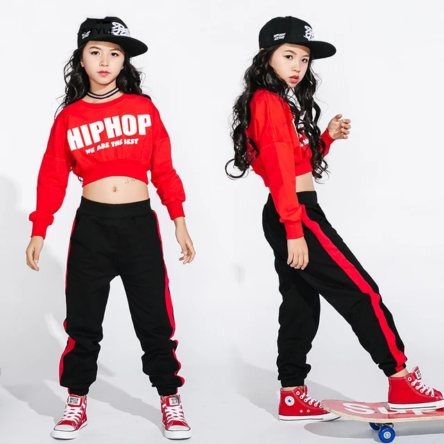 Hip Hop Jazz Dance Costume Girls Street Dance Clothing Kids Red Long ...