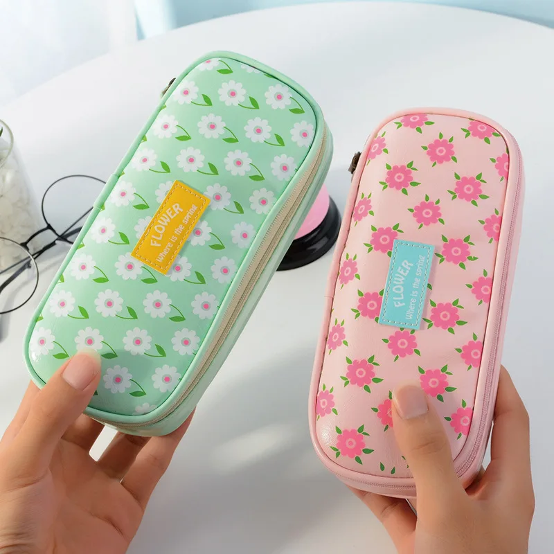New Spring Cute Flowers Pencil Case Pu Leather Pen Holder Kawaii Stationery Pencil Bag For