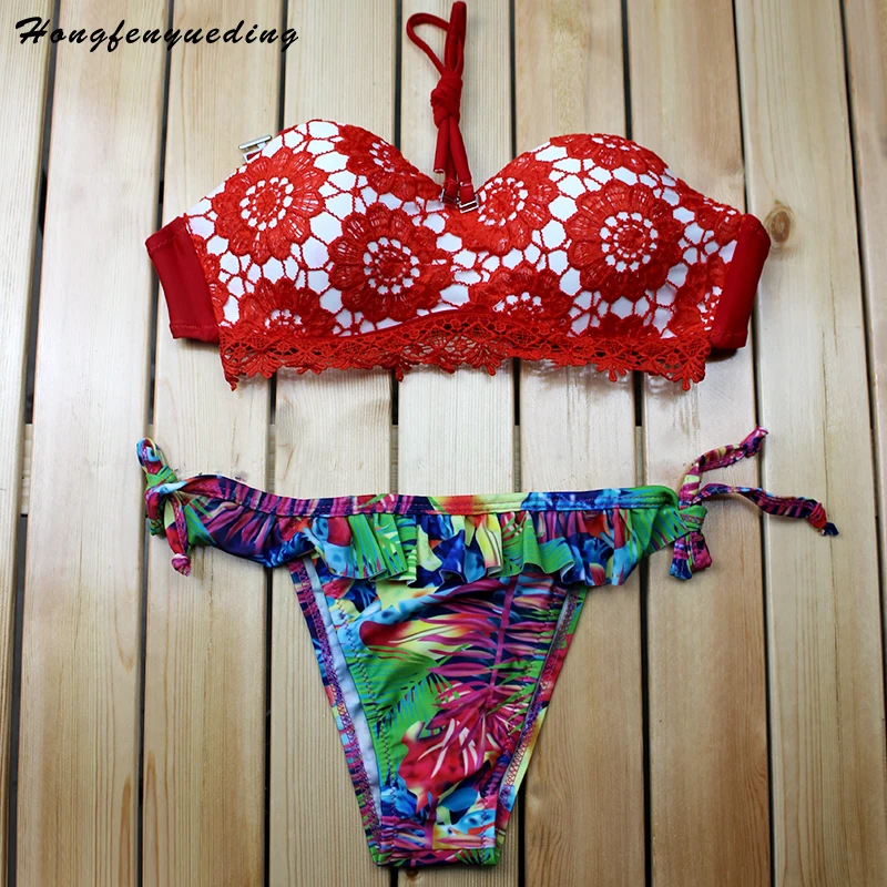 Hongfenyueding Swimsuit Push Up Red Brazilian Thong Bikini Set Bandeau