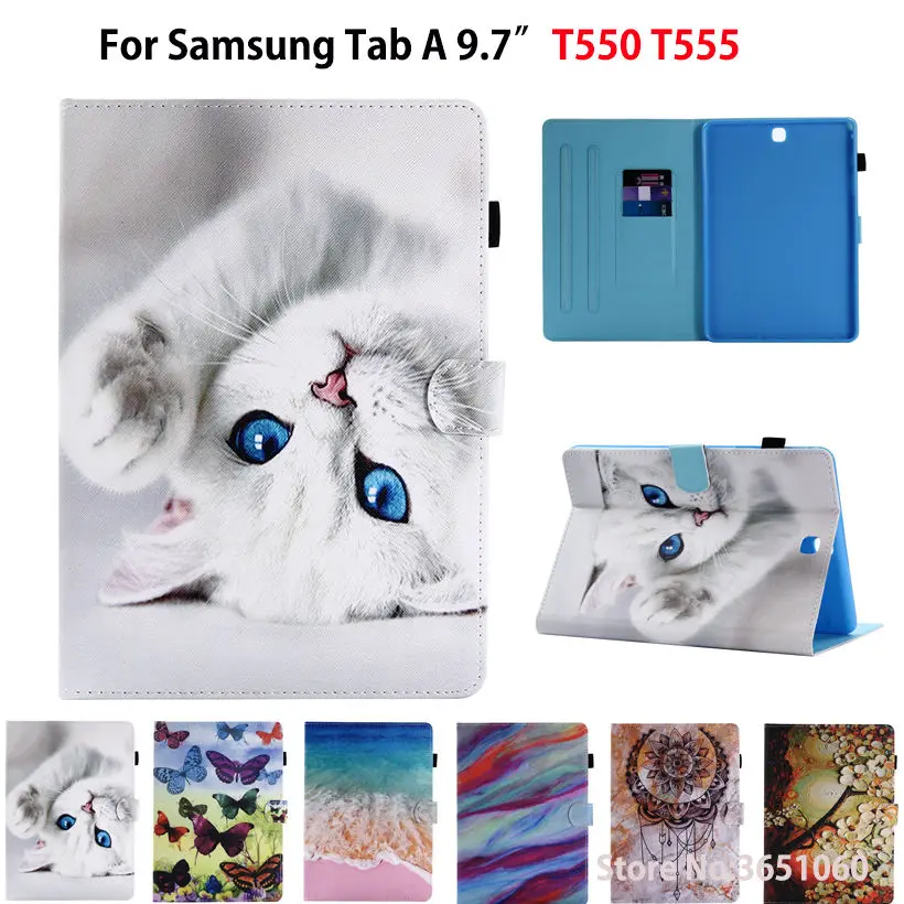 SM T550 패션 고양이 나비는 삼성 갤럭시 탭 9.7 SM T555 T550 P555 커버 Funda 타블렛 스탠드 쉘 ...